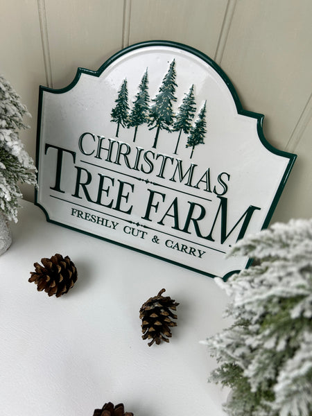 White Metal Christmas Tree Farm Sign Plaque – Abode