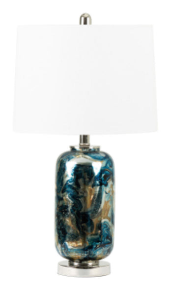 Blue turquoise navy silver lamp with white shade – Abode