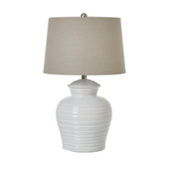 White ceramic ribbed lamp with shade – Abode