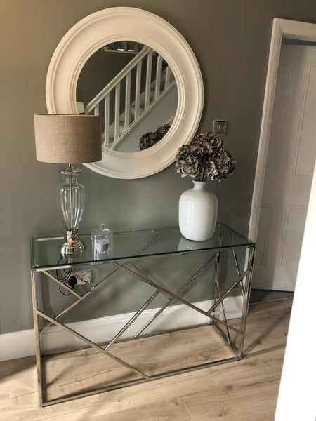 Azaria stainless steel silver metal glass console – Abode